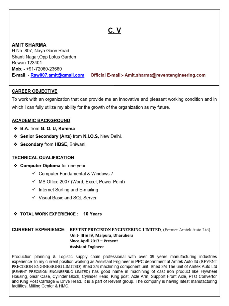 Amit Sharma CV Updated 1 June | PDF | Milk