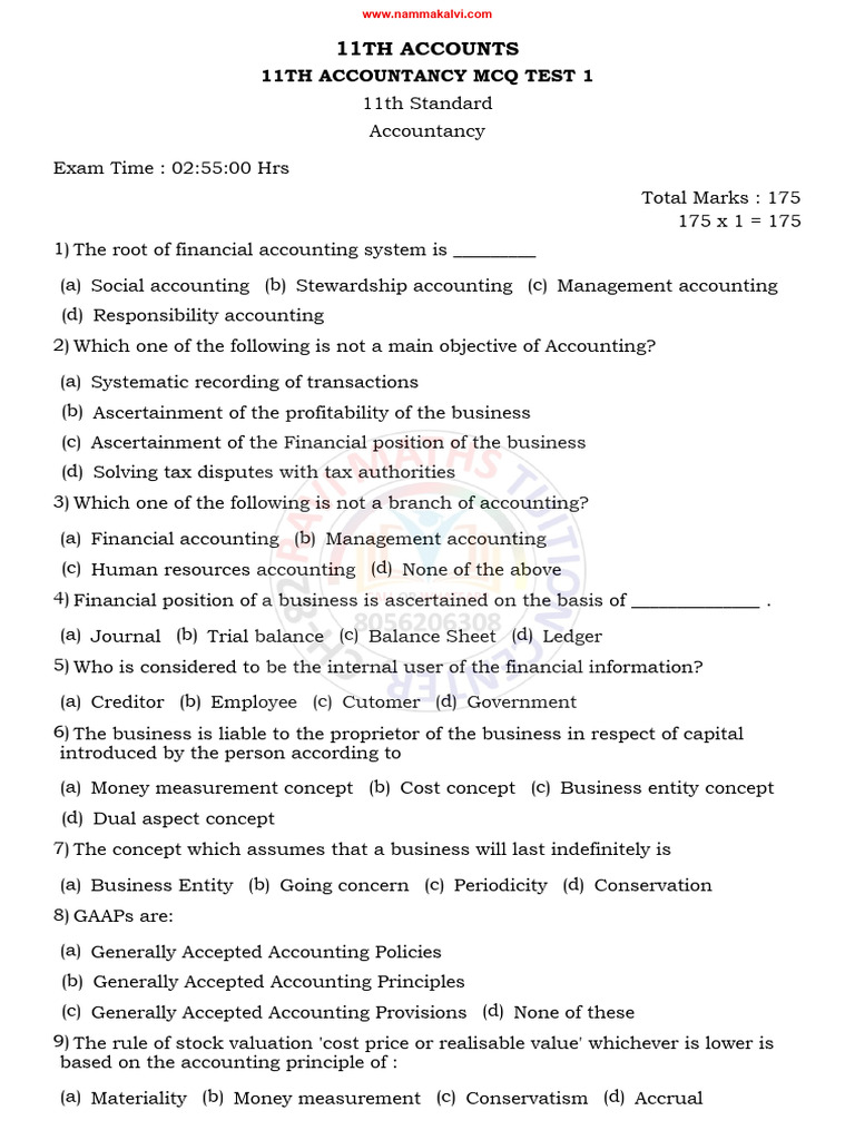 Namma Kalvi 11th Accountancy MCQ Test Question Paper EM 221528 | PDF ...