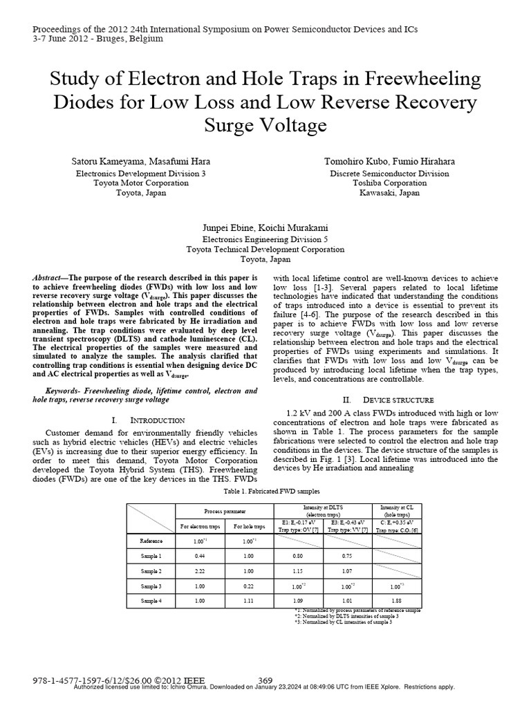 Study of Electron and Hole Traps in Freewheeling Diodes For Low Loss and Low Reverse Recovery ...