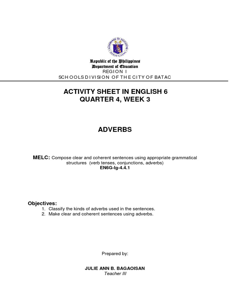 Eng6 - q4w3 - Adverbs | PDF | Adverb | Verb