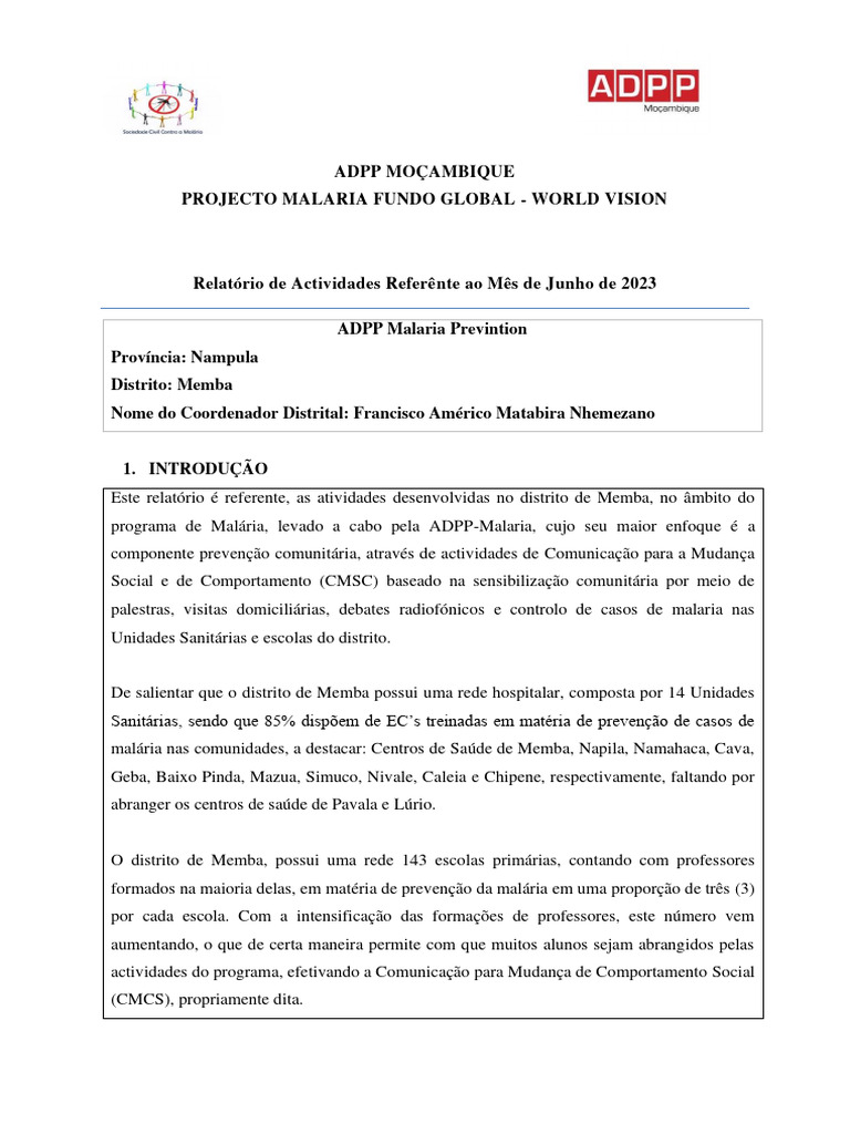 Relatorio de Atividades de JUNHO 2023 | PDF | Malária