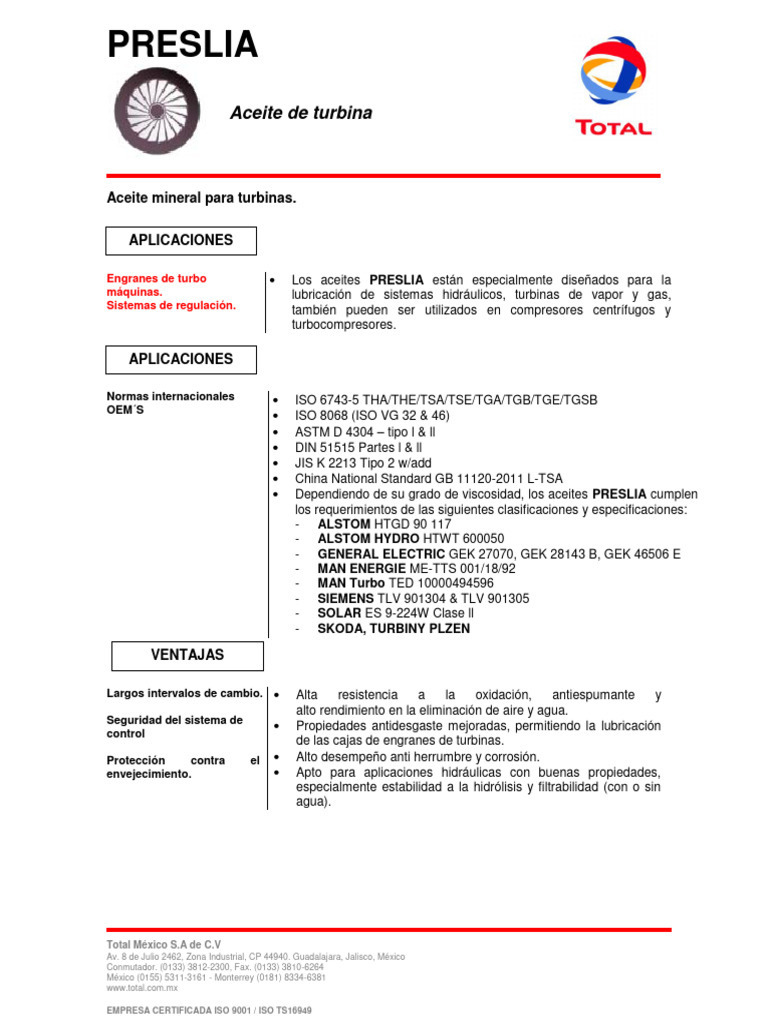 Ficha Tecnica de Preslia | PDF | Lubricante | Líquidos