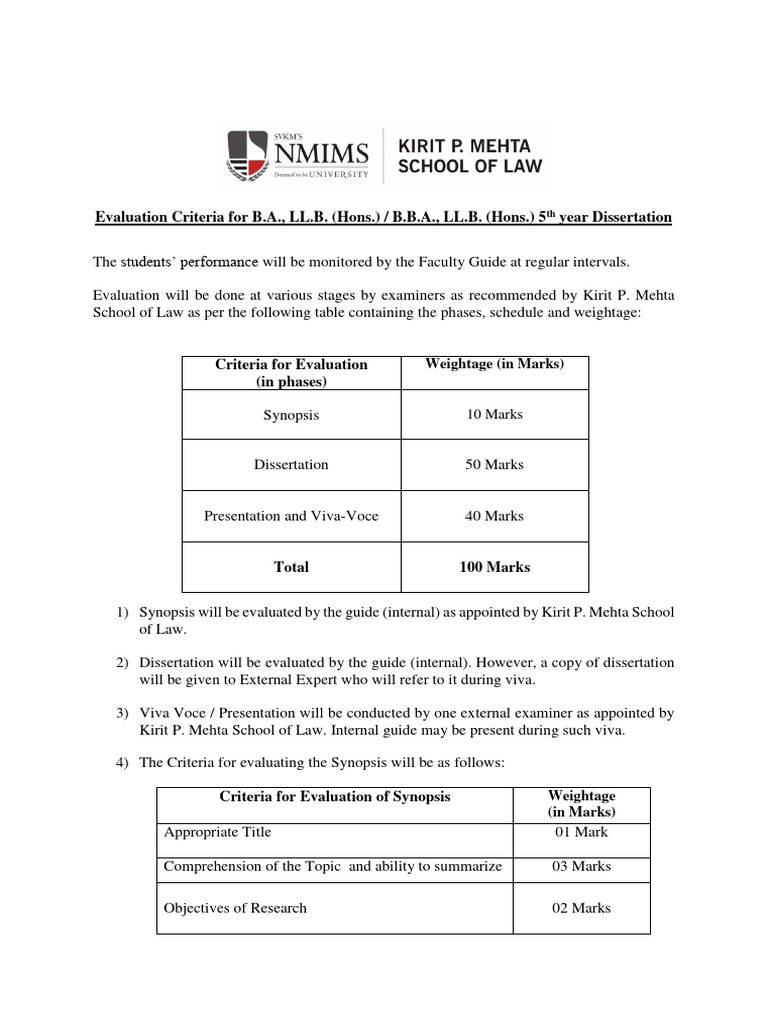 Evaluation Criteria for Dissertation (2023-24) | PDF