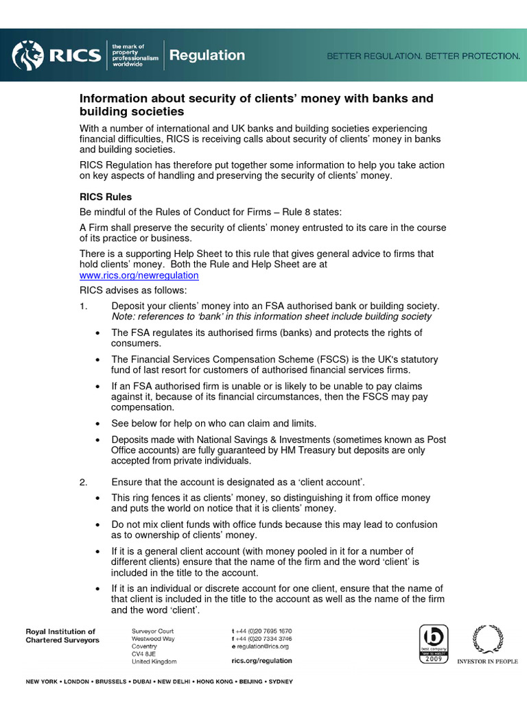 Information About Security of Clients' Money With Banks and Building ...