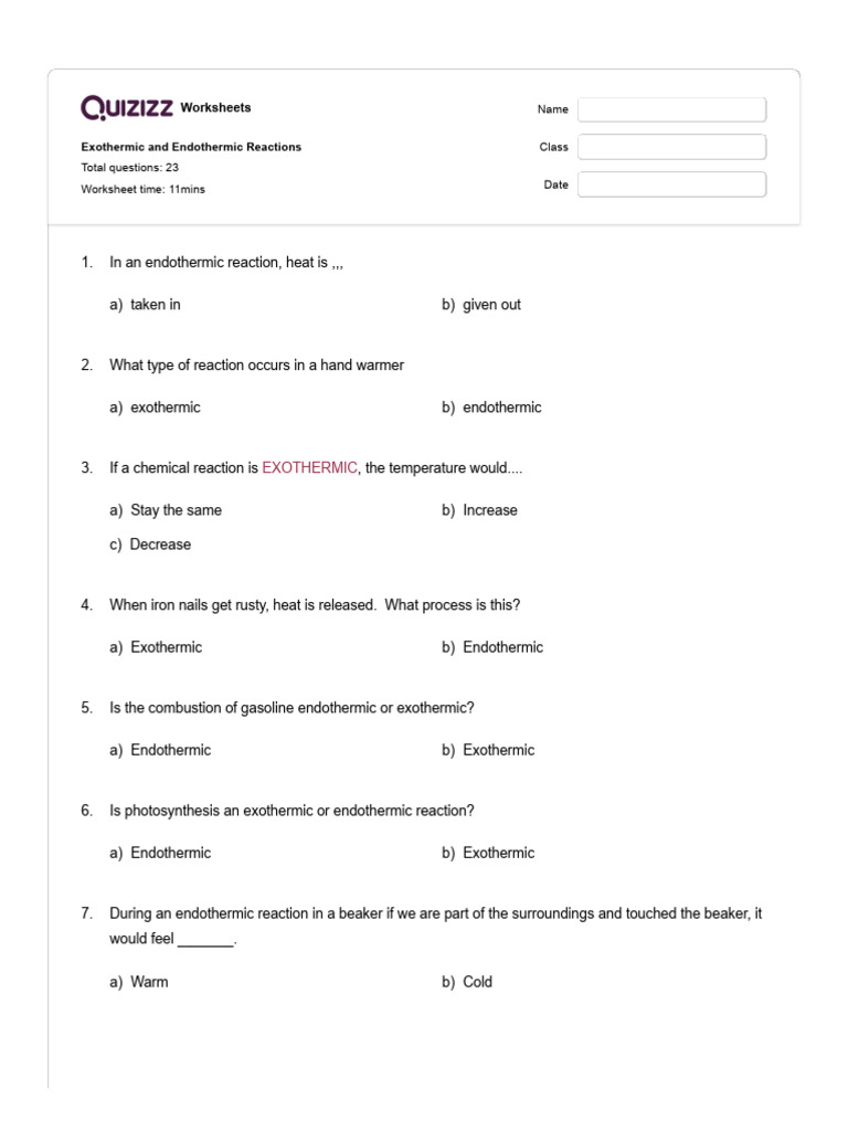 Endothermic and Exothermic Worksheet | PDF | Chemical Reactions | Ice
