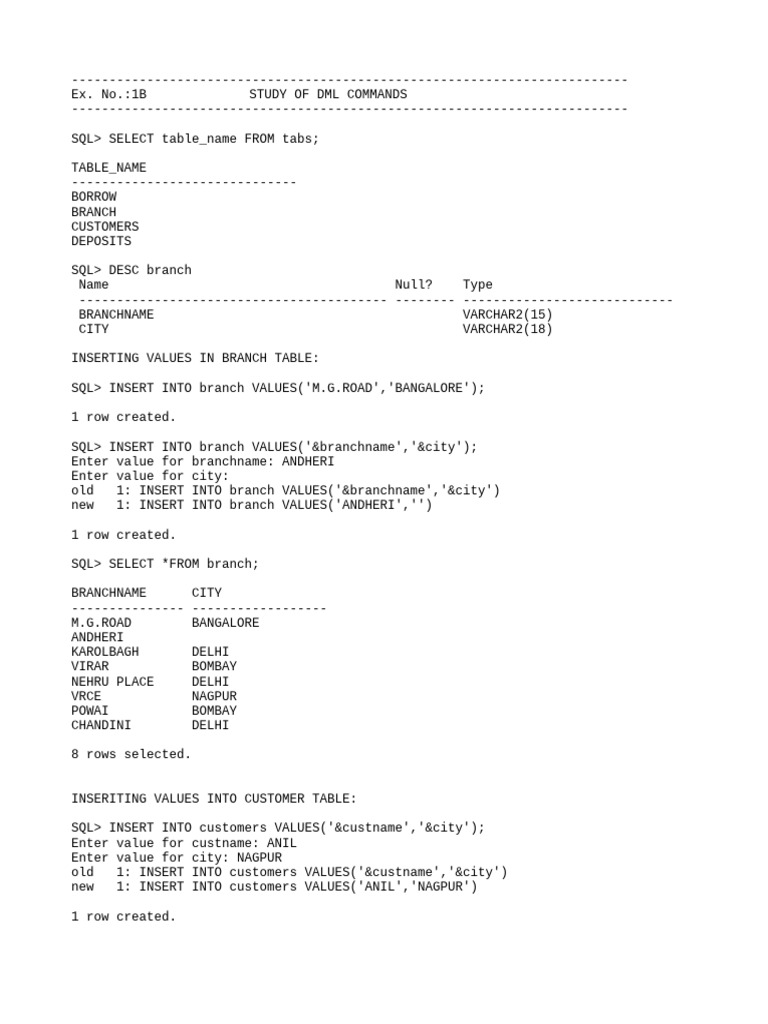 Ex 1b - Study of DML | PDF | Sql | Databases