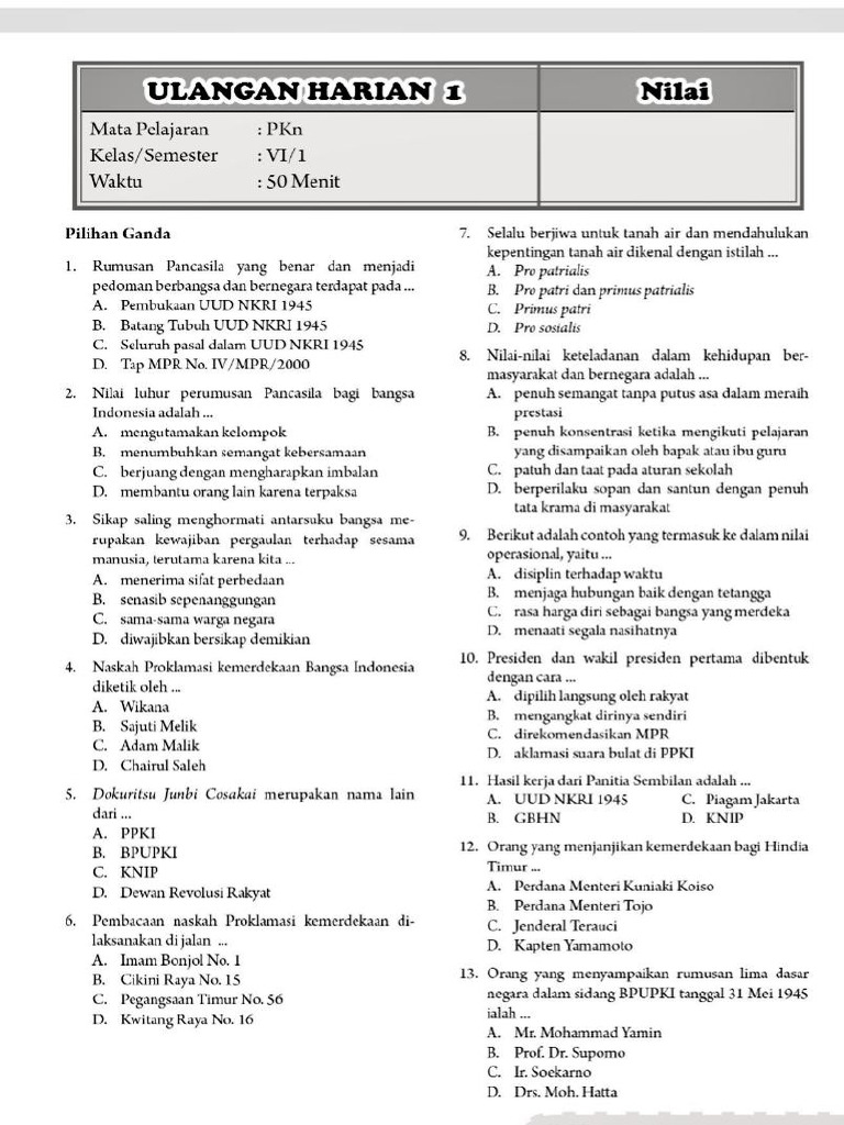 Soal PH1 PPKN 6SD 001 | PDF