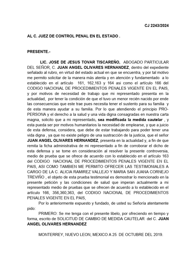 Solicitud de Cambio de Medida Cautelar | PDF | Mandato | Justicia Solicitud de Cambio de Medida Cautelar | PDF | Mandato | Justicia