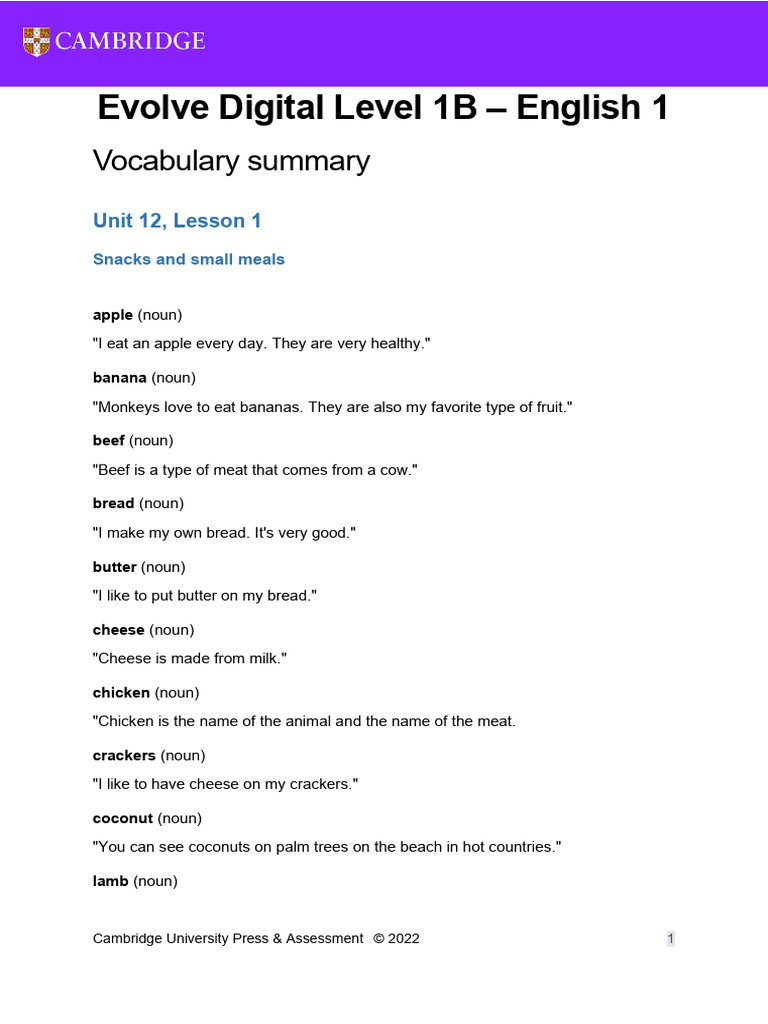 Unit 12 - E1 - Vocabulary | PDF | Plural | Food And Drink