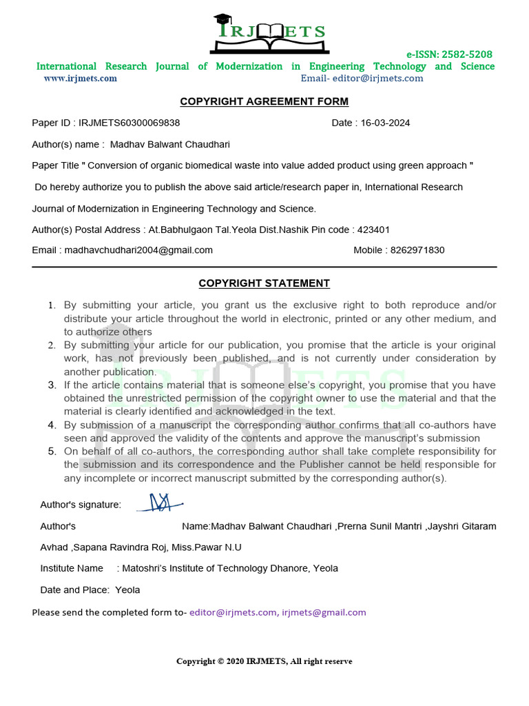 1-IRJMETS Copyright Form (2) | PDF | Copyright | Civil Law (Common Law)