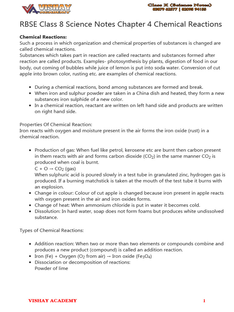 RBSE Class 8 Science Notes Chapter 4 Chemical Reactions – RBSE Guide ...
