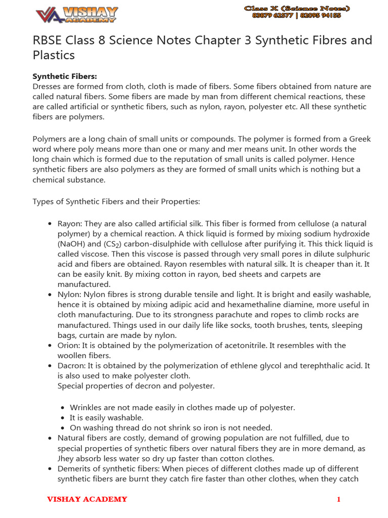 RBSE Class 8 Science Notes Chapter 3 Synthetic Fibres and Plastics ...