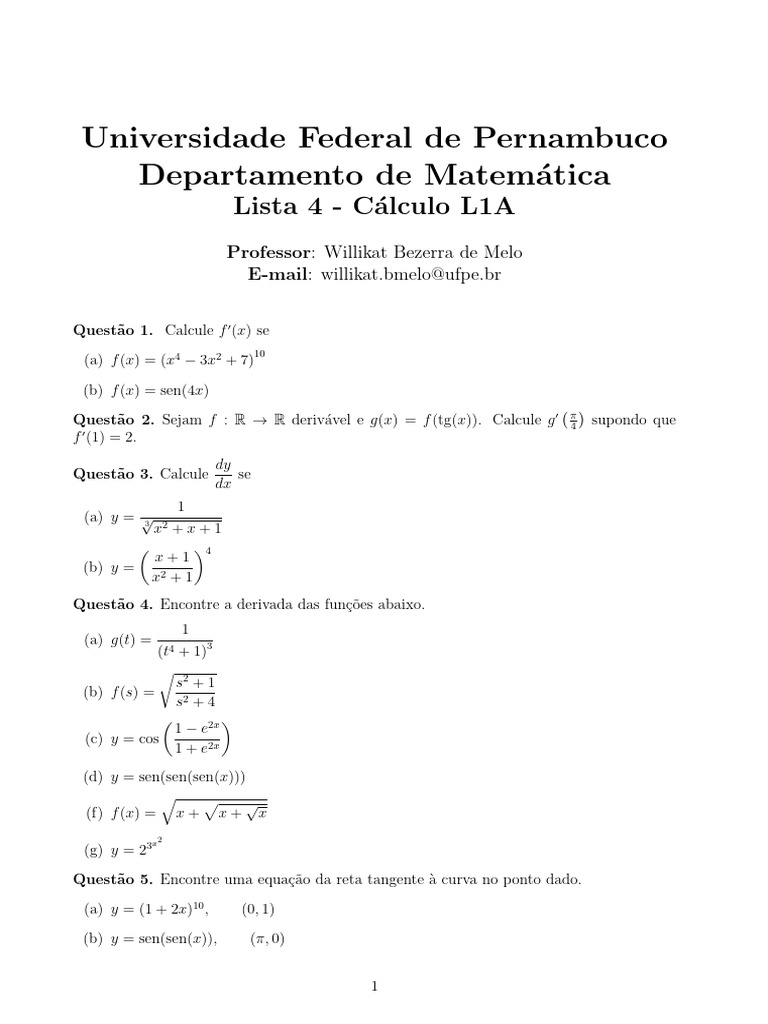 Lista 4 Cálculo L1A 2023 2 | PDF | Derivado | Cálculo