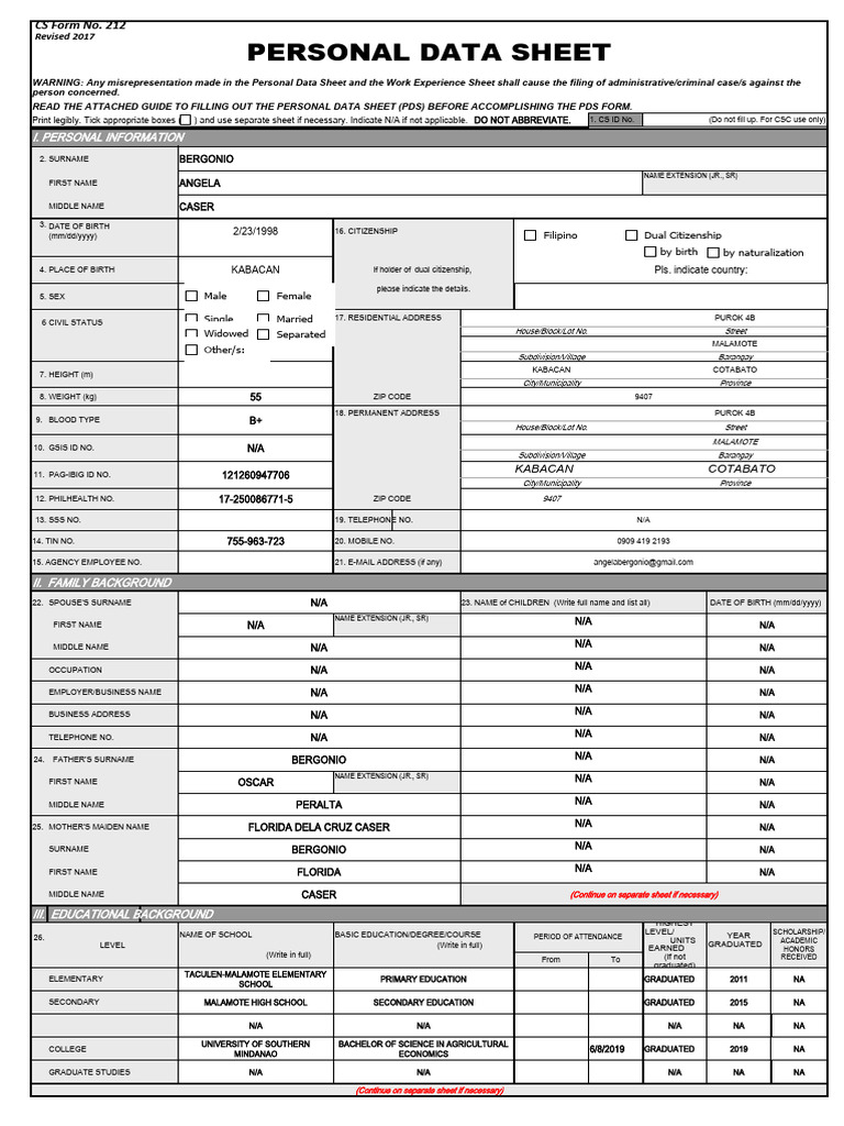 Personal Data Sheet CS Form No. 212 Revised 2017 | PDF | Passport ...