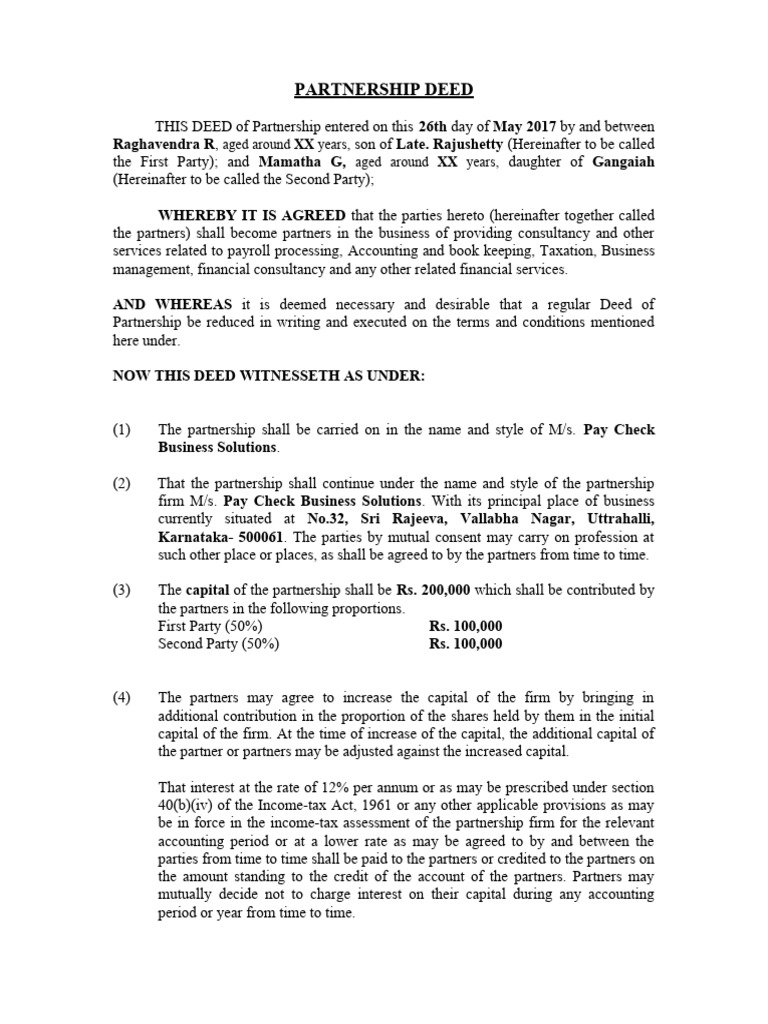 Partnership Deed for Pay Check Solutions | PDF | Partnership | Income Tax