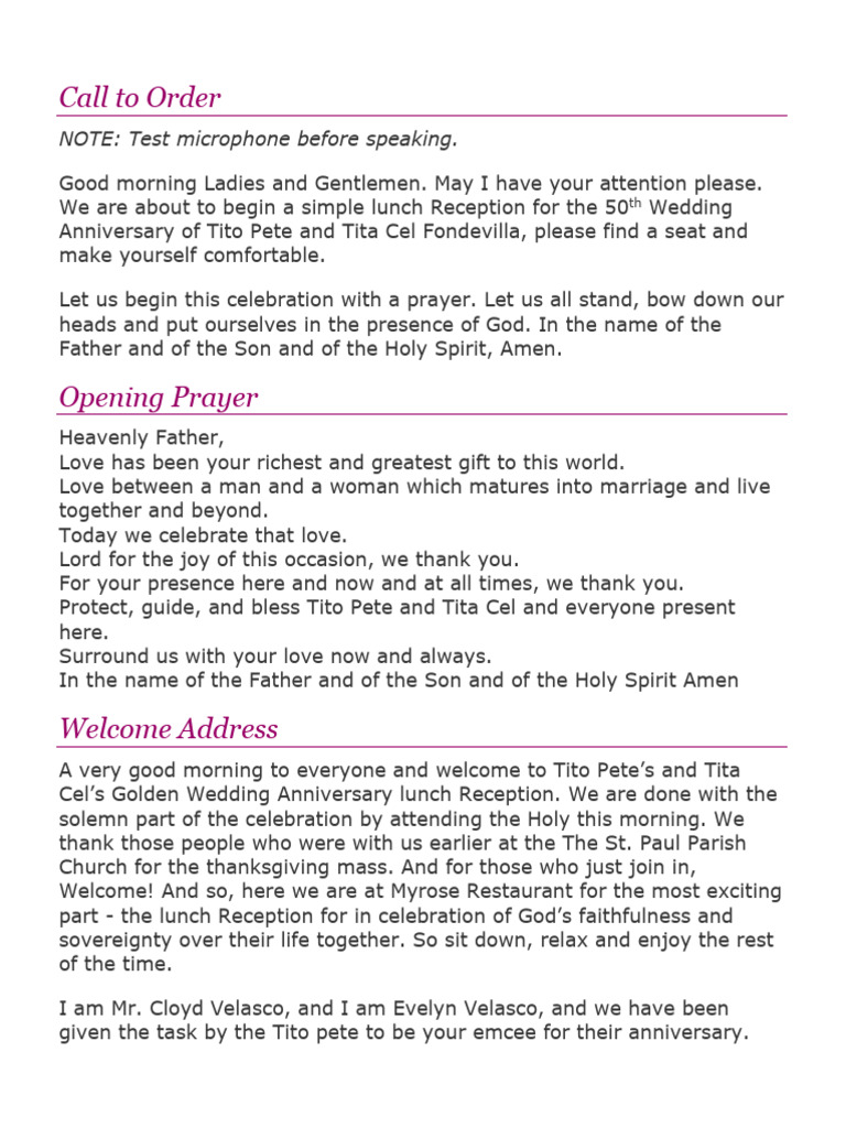 Golden Wedding Anniversary Emcee Script | Download Free PDF | Lunch