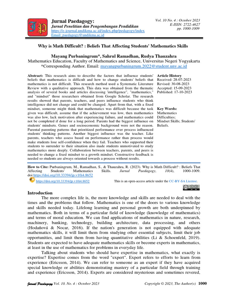 Why Is Math Difficult Beliefs That Affecting Stude | PDF | Mindset ...