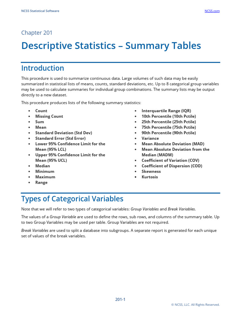 Descriptive Statistics-Summary Tables | PDF | Statistical Analysis | Teaching Mathematics