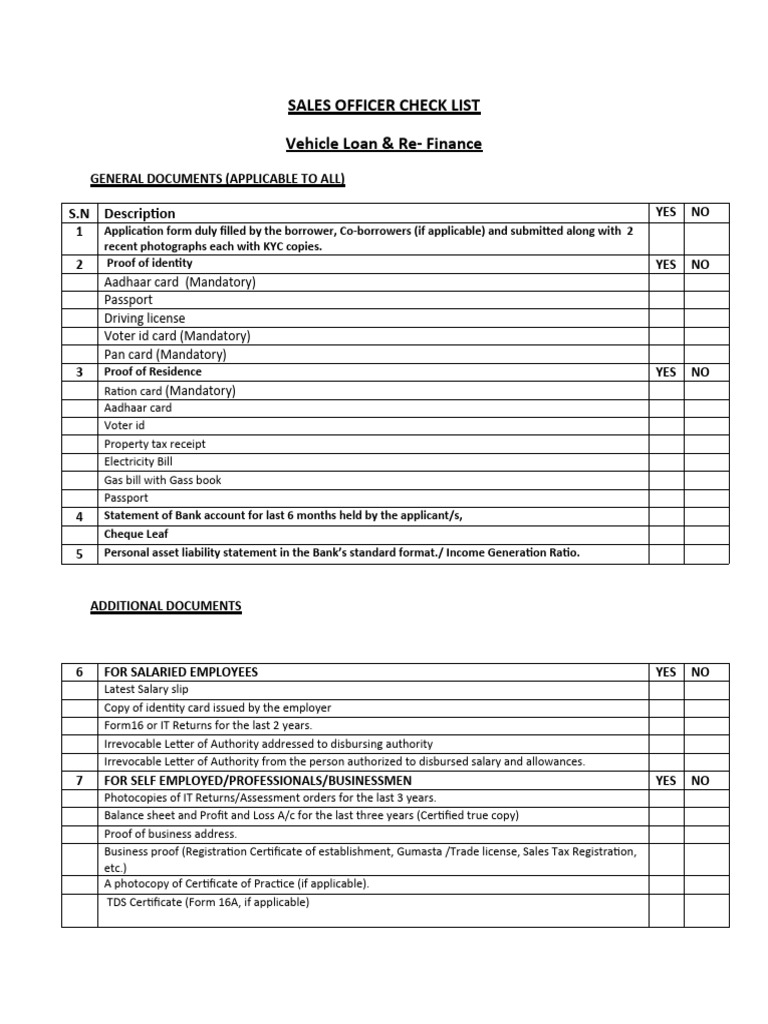 Vehicle Loan Document Checklist | PDF | Identity Document