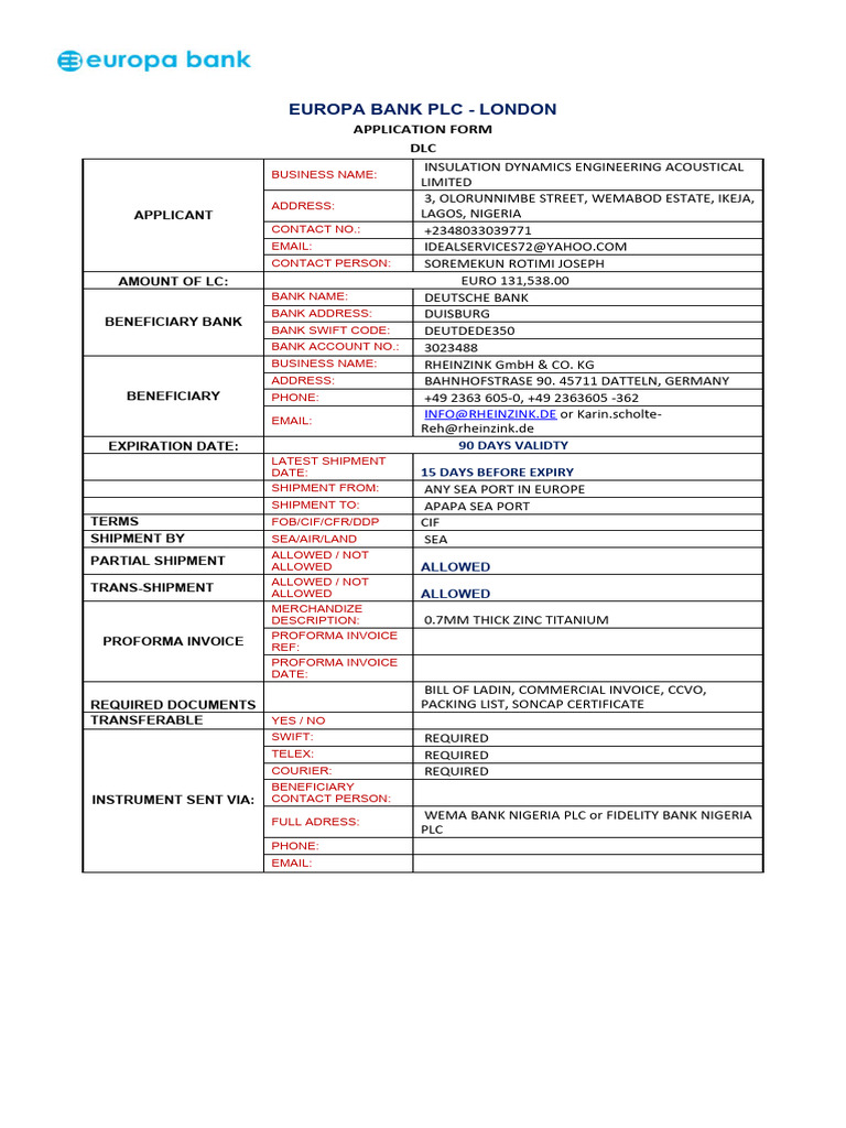 DLC Application Form Europa Bank Filled | PDF