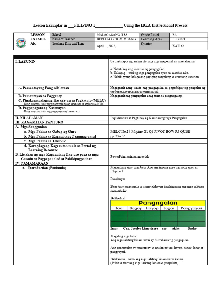 Tomimbang Lesson Exemplar Filipino 1 | PDF