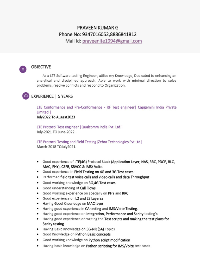 LTE & VoLTE Testing Engineer Resume | PDF | Lte (Telecommunication ...