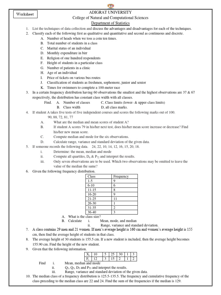 worksheet 1 (1) | PDF | Median | Mode (Statistics)