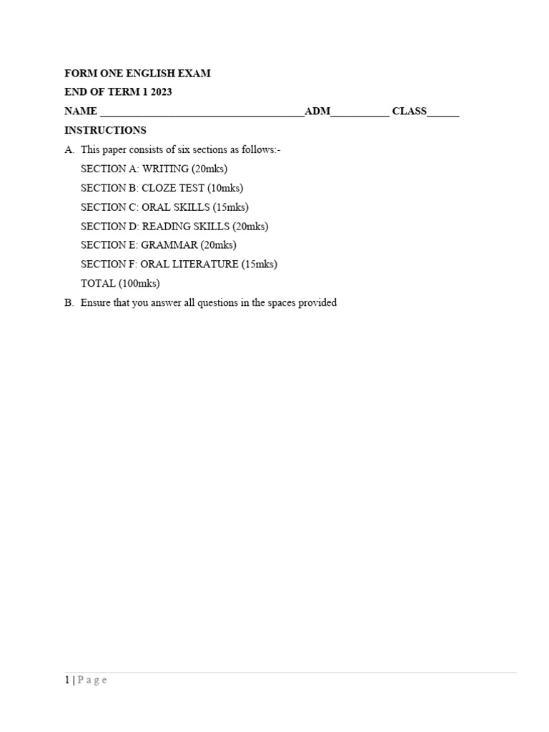 Form One English Exam | Download Free PDF | Swahili Language | English ...