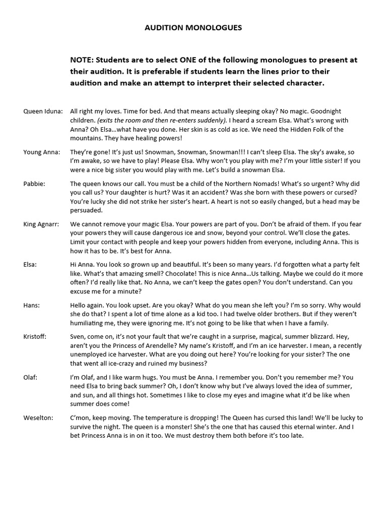Audition Monologues Frozen JR | PDF | Art | Poetry