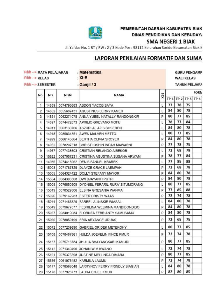 Nilai RAPORT MTK XI E SMSTER GANJIL TP 2023 - 2024 | PDF