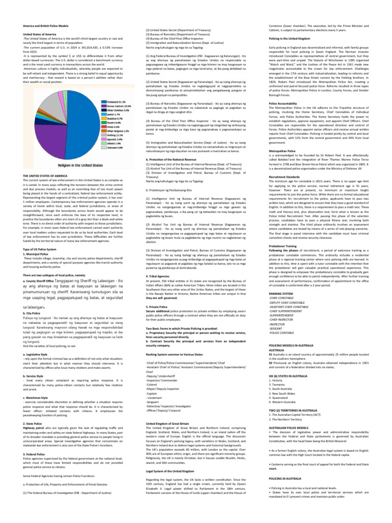 US vs UK Police Systems Overview | PDF | Police | Provinces And ...