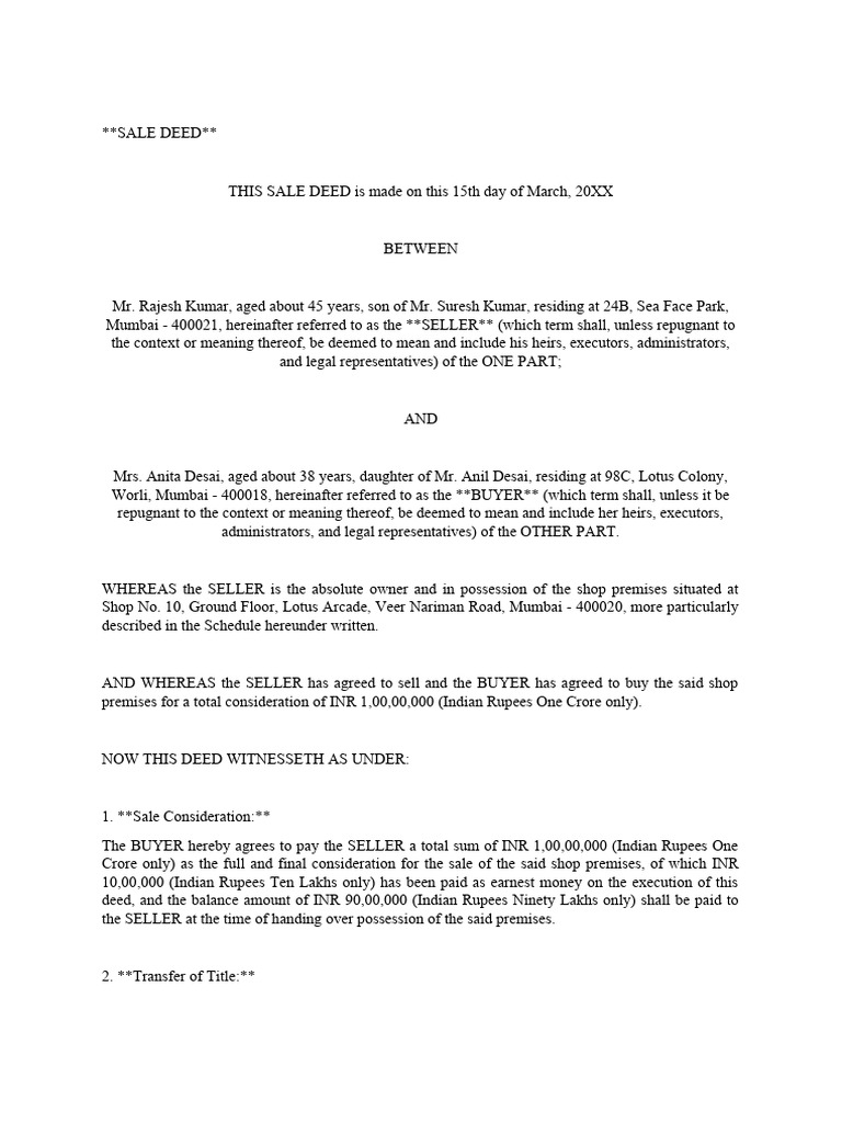 Draft A Sale Deeds of A Shop Premises Situated at Mumbai With Examples | PDF | Indemnity | Deed
