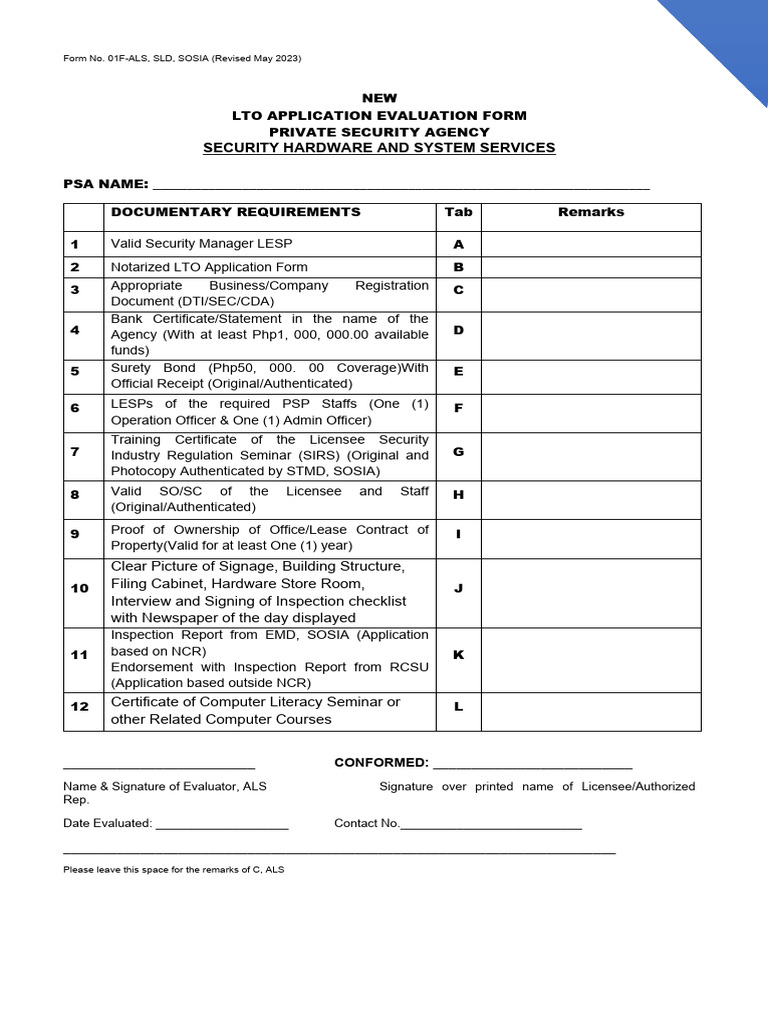 LTO Application Evaluation Form Private Security Agency Security ...
