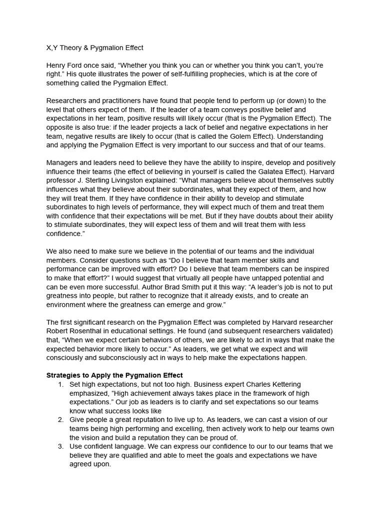 X, Y Theory & Pygmalion Effect | PDF