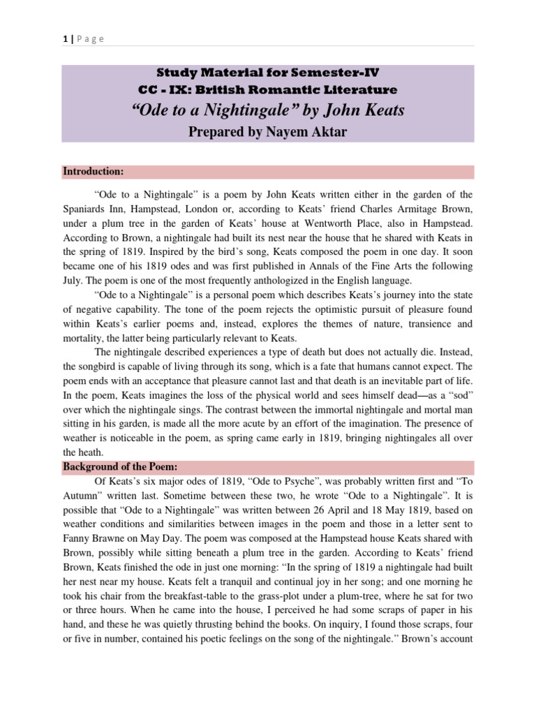 Ode To Nightingale | PDF | Poetry
