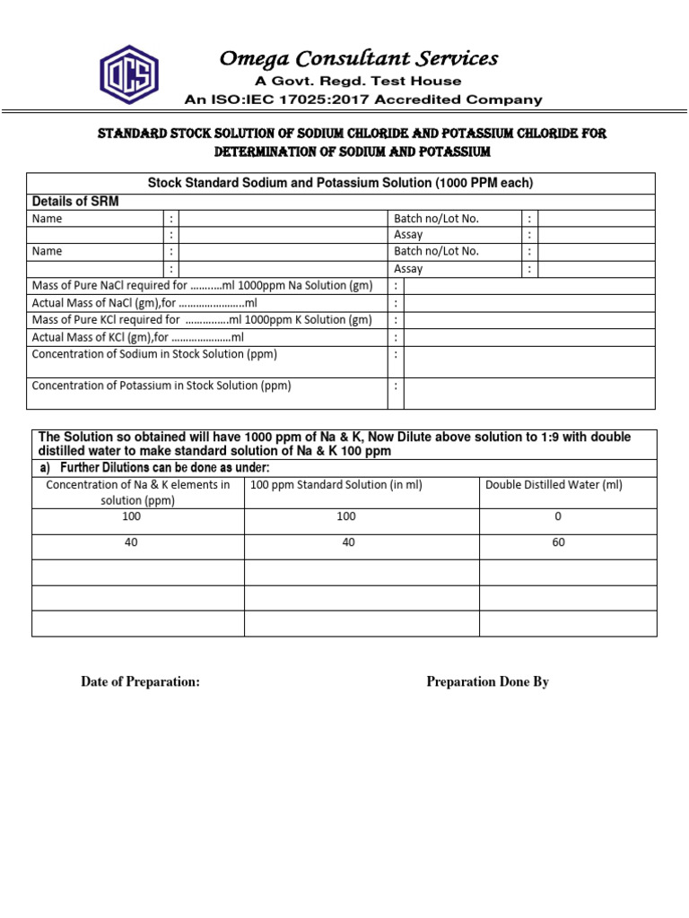 Standard Solution Register For Sodium and Potassium | PDF