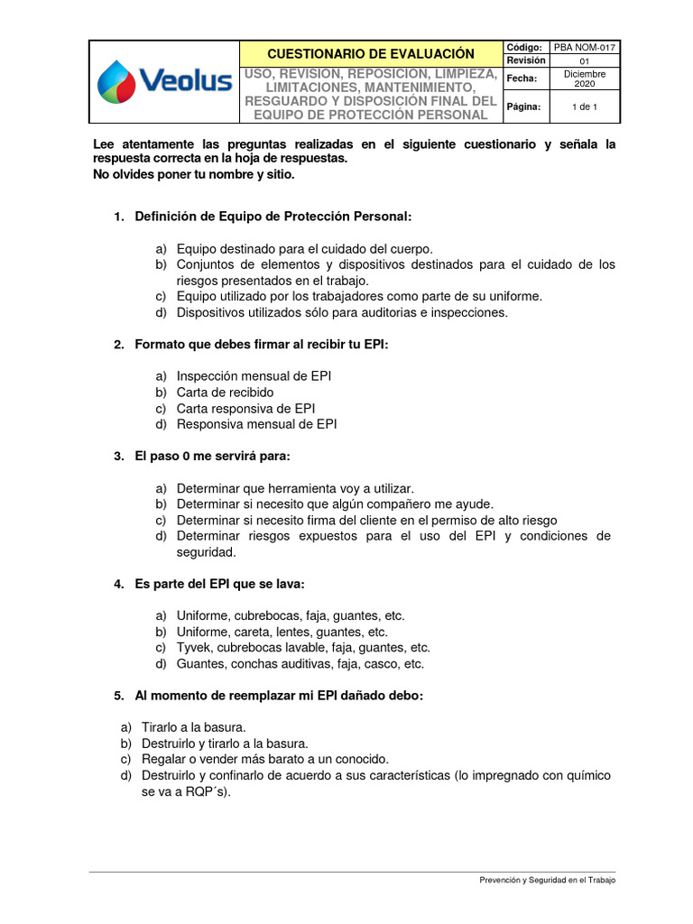PBA NOM-017 Uso Revisión Reposición Limpieza Limitaciones Mantenimiento Resguardo y Disposición ...