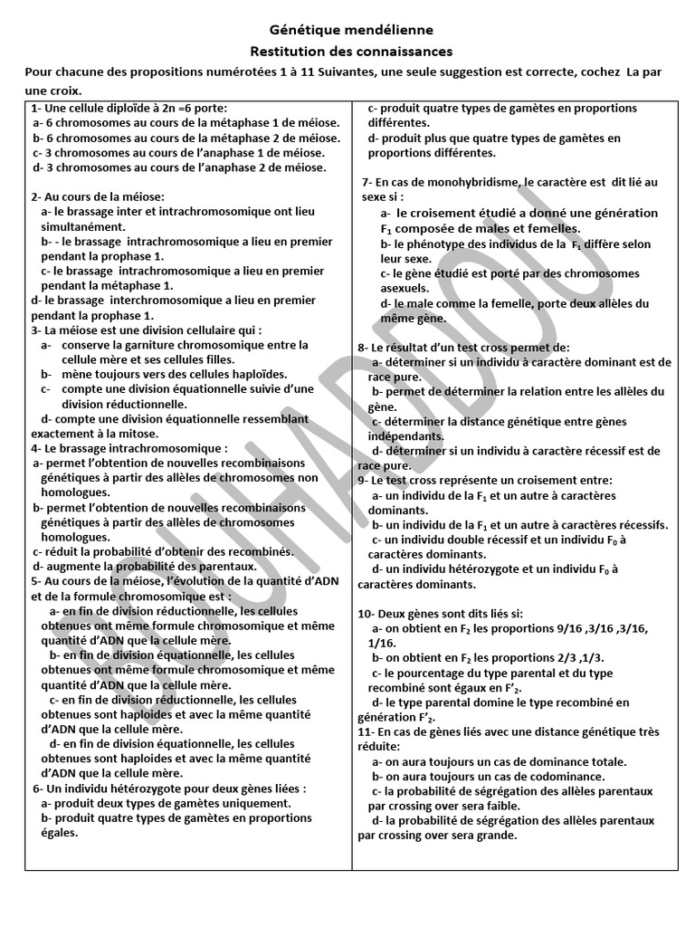 Exercices Génétique Mendelienne | PDF | Dominance (Génétique) | Méiose