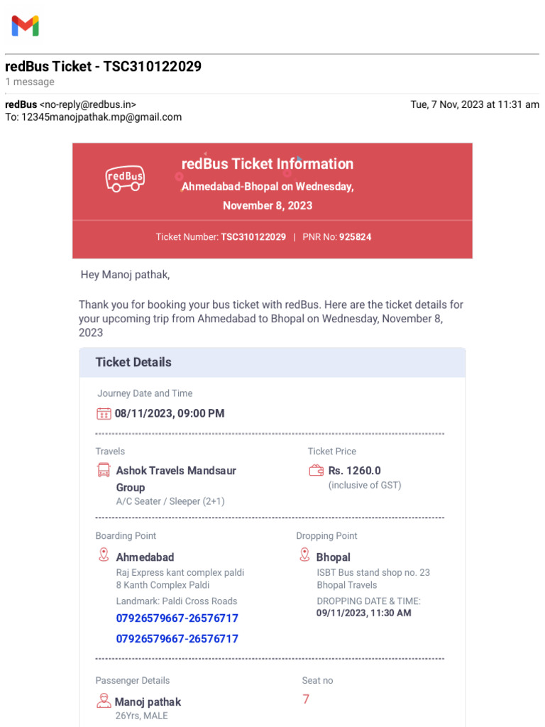 Gmail - RedBus Ticket - TSC310122029 | PDF | Bus