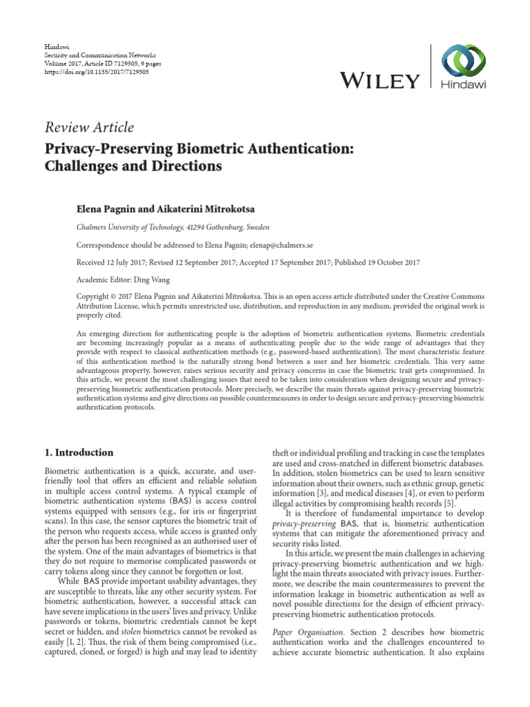 Review Article: Privacy-Preserving Biometric Authentication: Challenges and Directions | PDF