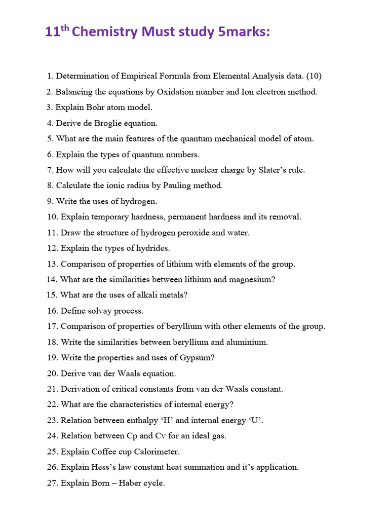11th Chemistry Key 5-Mark Questions | PDF | Hydrogen | Chemistry