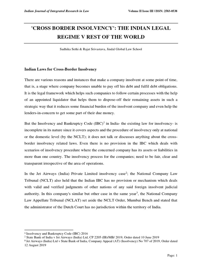 Cross Border Insolvency The Indian Legal Regime V Rest of The World | PDF | Bankruptcy | Debt