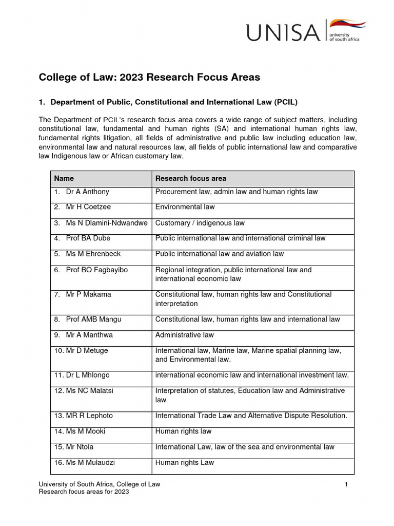 Unisa College Law Research Focus Areas 2023 | PDF | Crimes | Crime ...