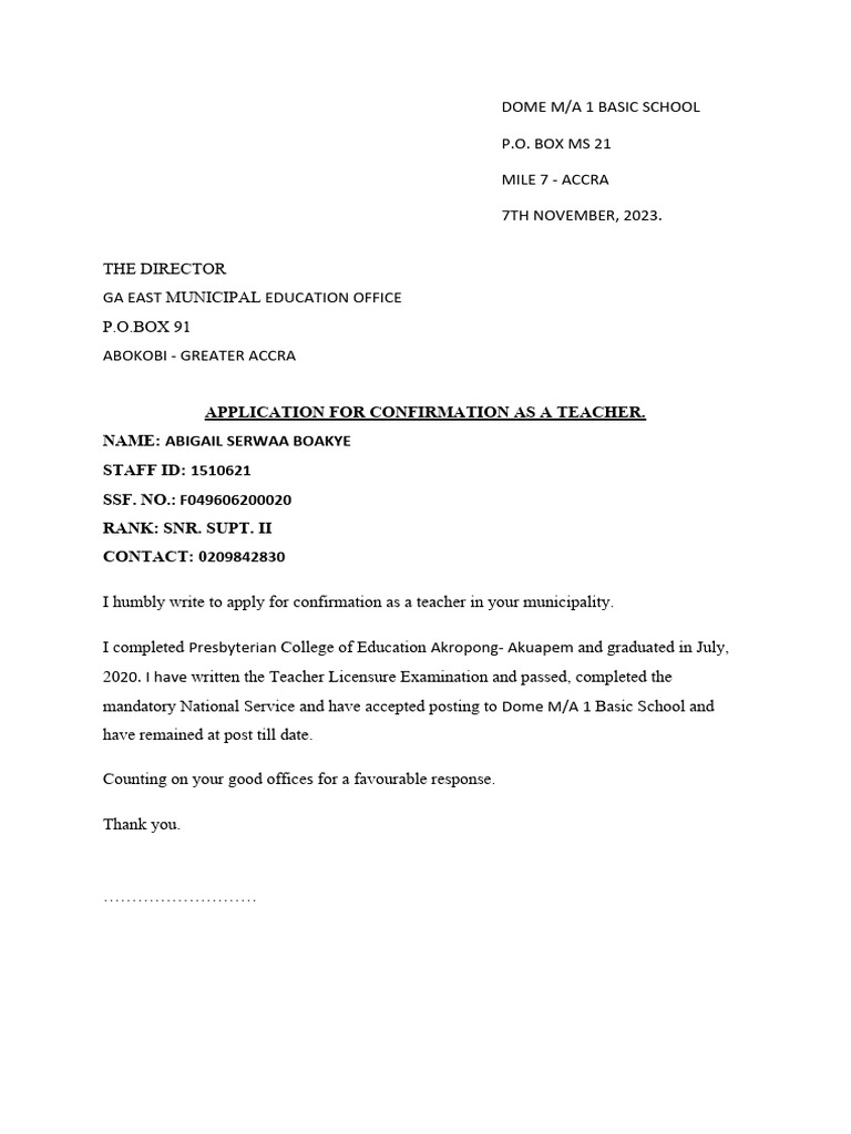 Teacher Confirmation Application Letter | PDF