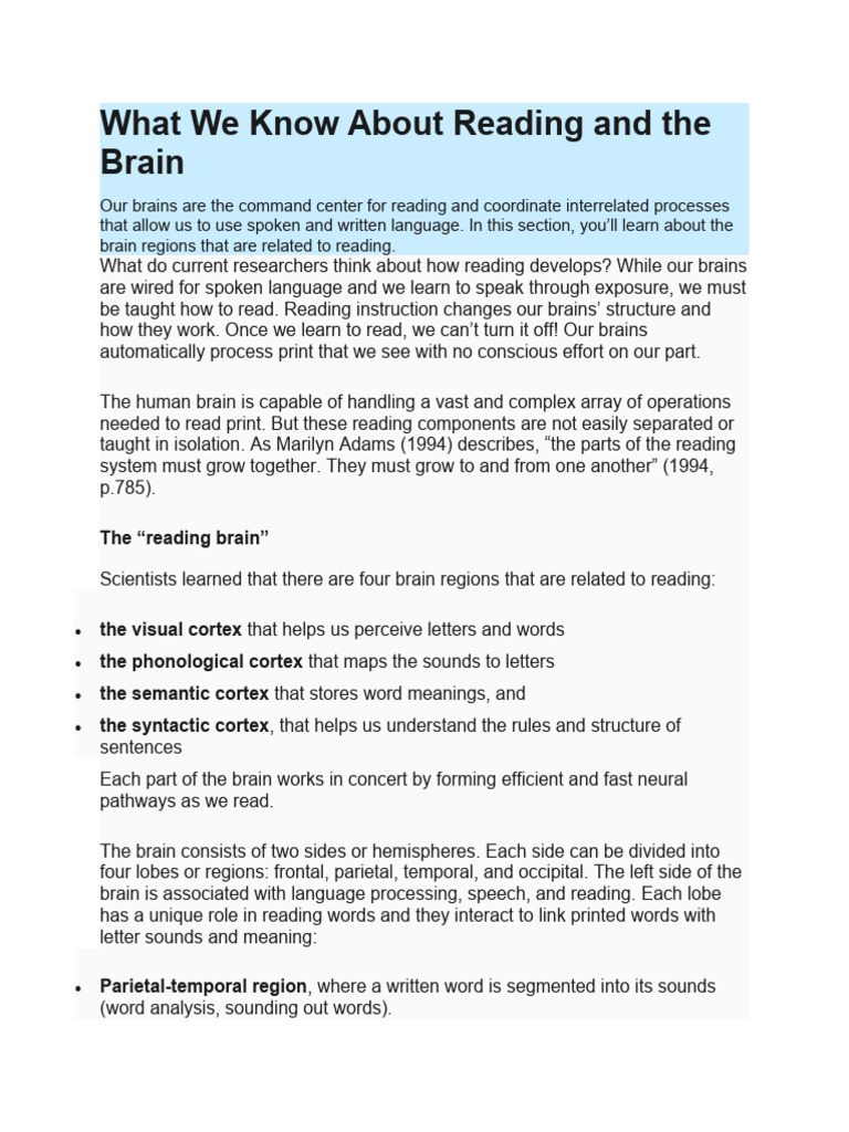 What We Know About Reading and The Brain | PDF | Human Brain | Cerebral ...