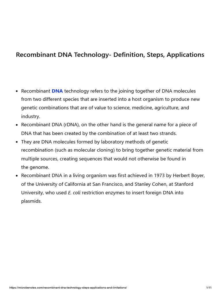 Recombinant DNA Technology - Definition, Steps, Applications | PDF ...
