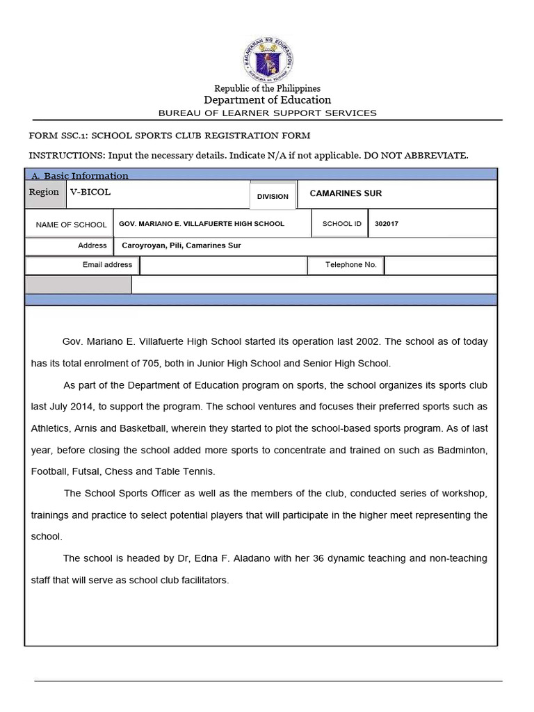 PDF Form Ssc1 School Sports Club Registration Form v1 1 | PDF