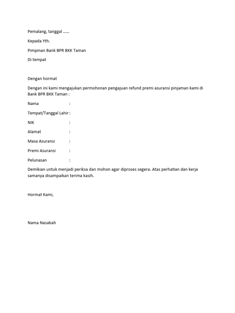 Permohonan Refund Asuransi Pinjaman | PDF