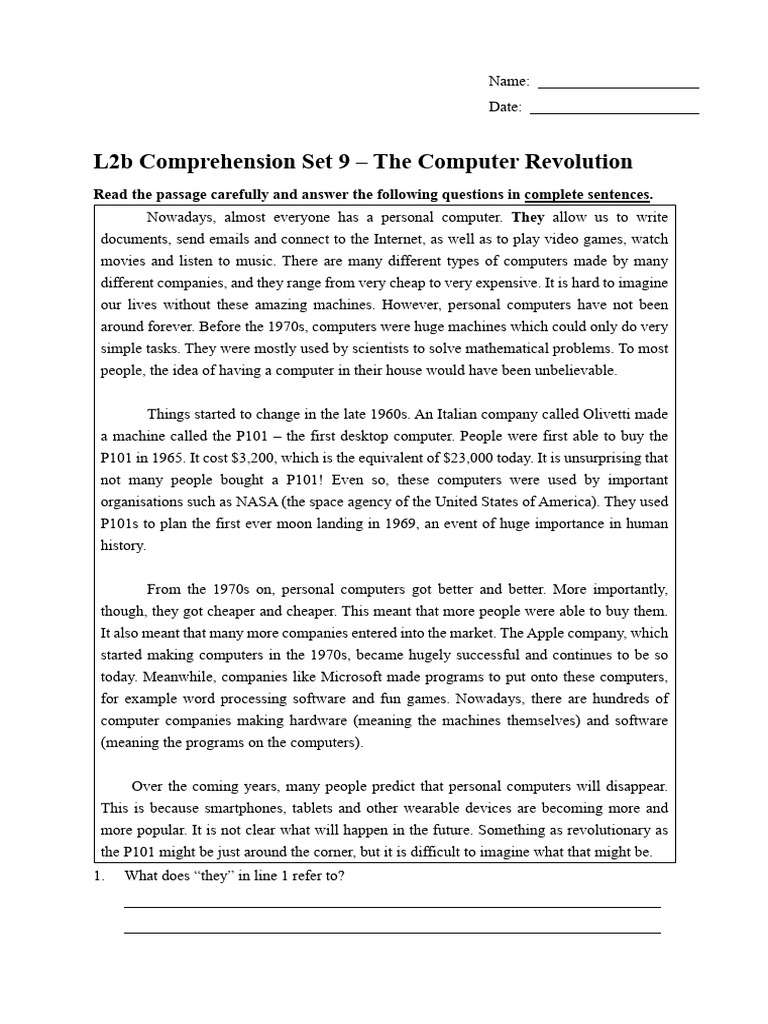 Level 4 Comprehension 9 The Computer Revolution | PDF | Personal ...
