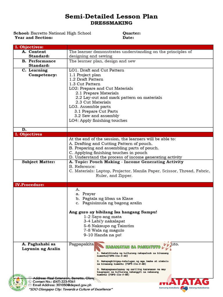 Semi-Detailed Lesson Plan: Dressmaking | PDF